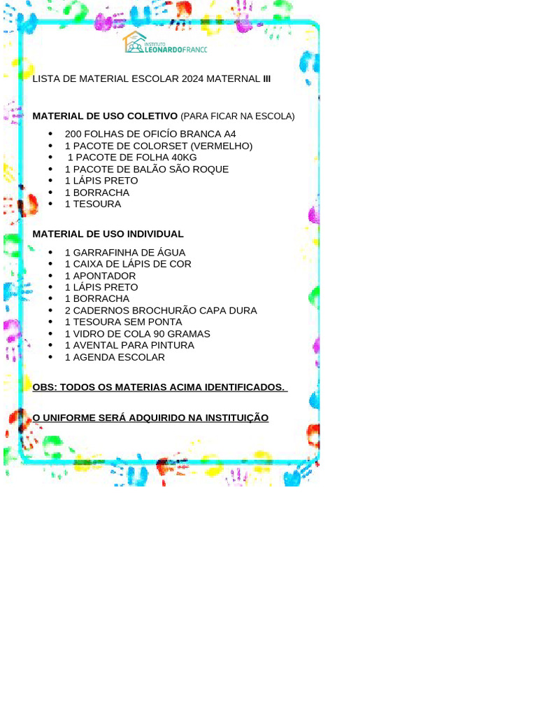 LISTA DE MATERIAL ESCOLAR 2024 MATERNAL III | PDF