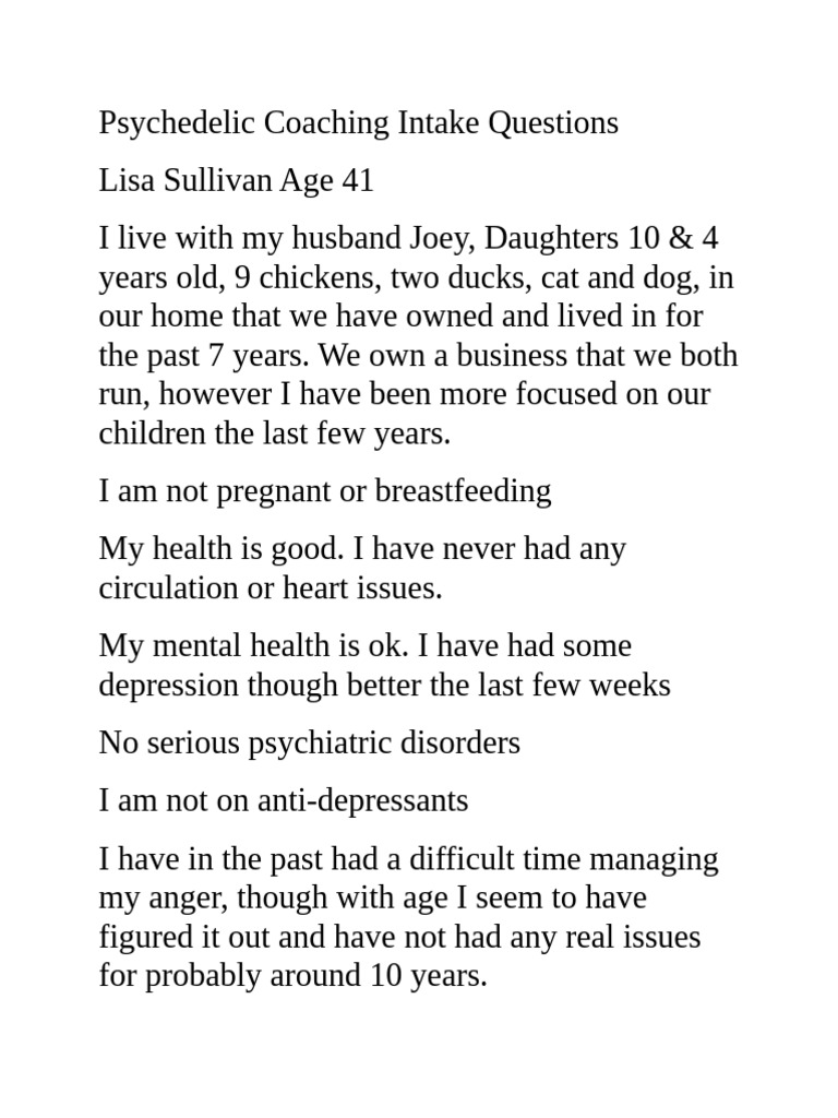 Psychedelic Coaching Intake Questions | PDF