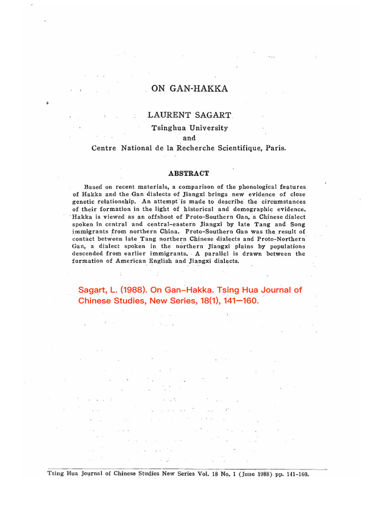Sagart, L. (1988) - On Gan-Hakka | PDF | Mandarin Chinese | Linguistics