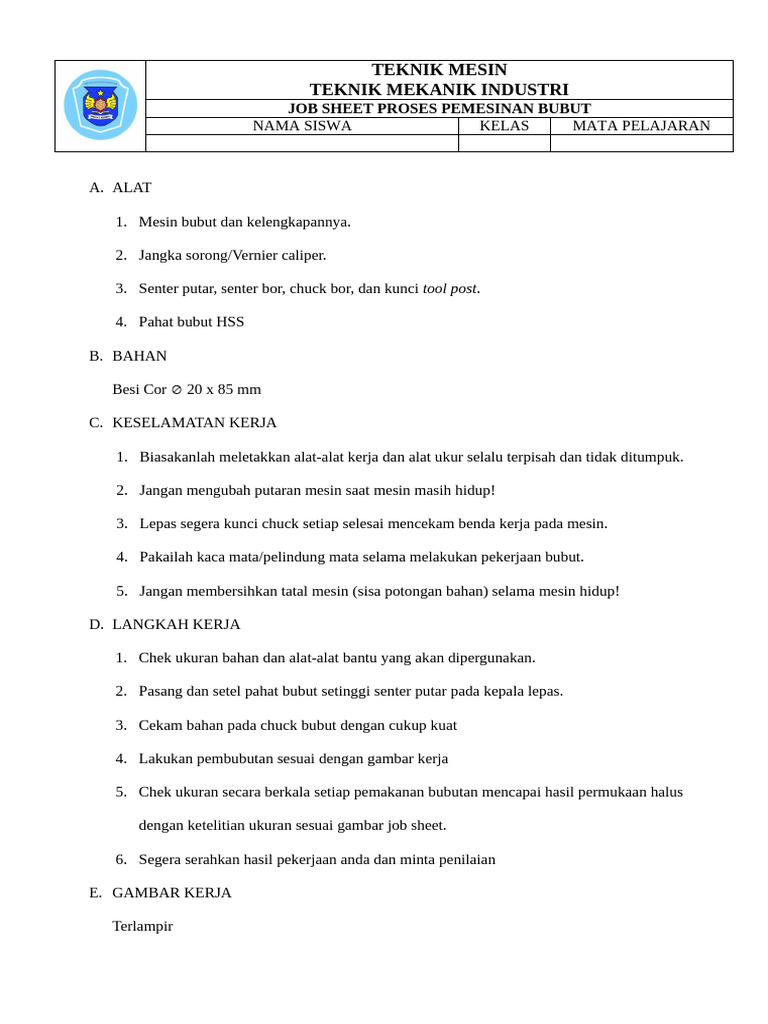 Job sheet bubut | PDF