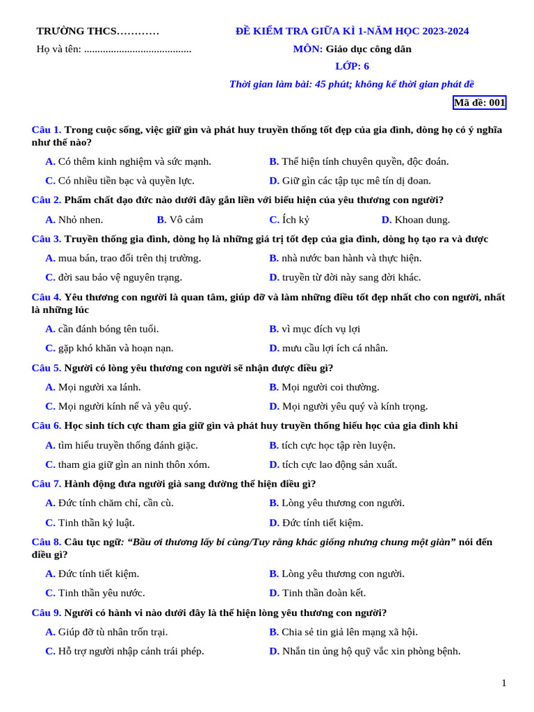 Đề 3 giữa kỳ 1 GDCD | PDF