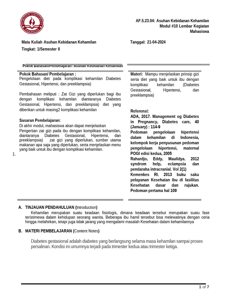 Modul Komplikasi Kehamilan DM Hipertensi 2024 | PDF