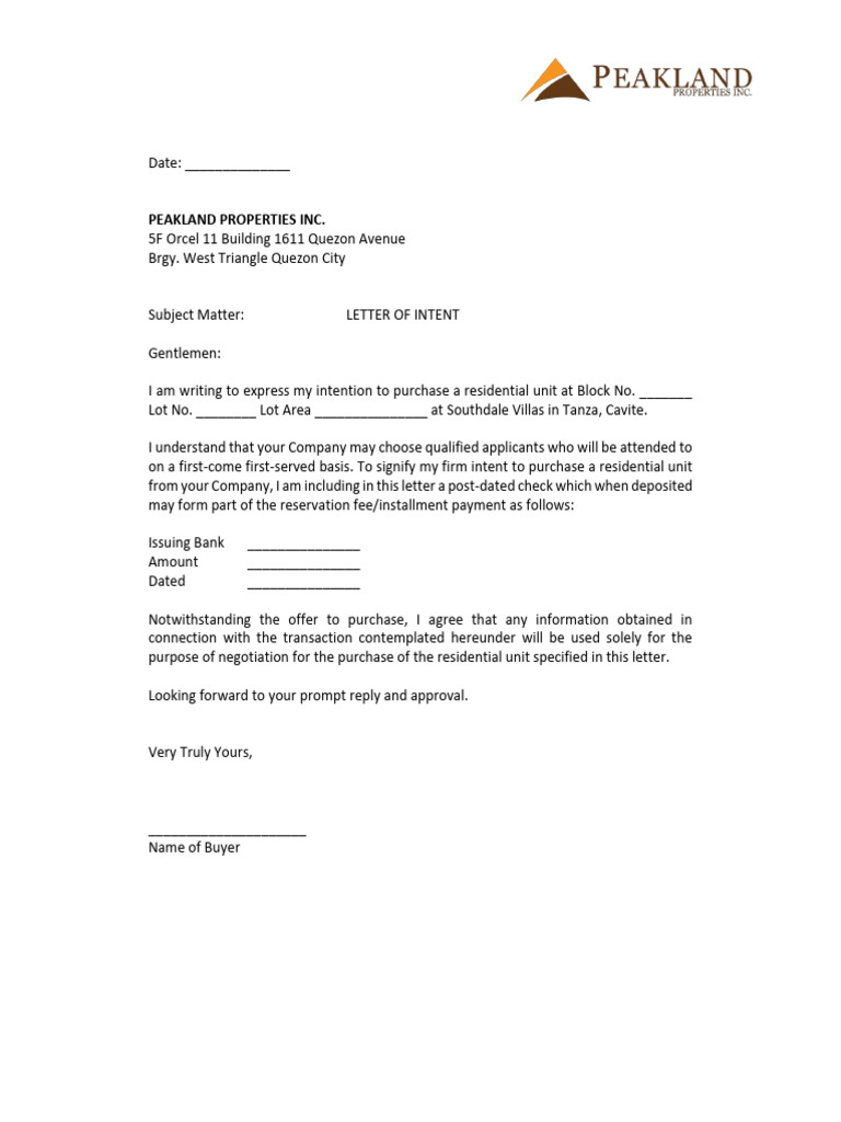 LOI FORM (SOUTHDALE VILLAS) | PDF