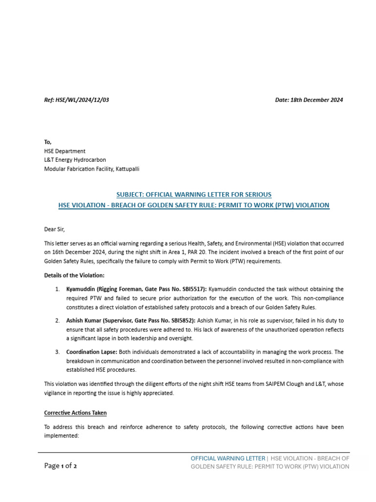 Official Warning Letter For Serious Hse Violation - Breach of Golden Safety Rule Permit To Work ...