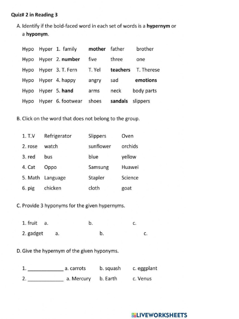 hyponyms work sheets | PDF