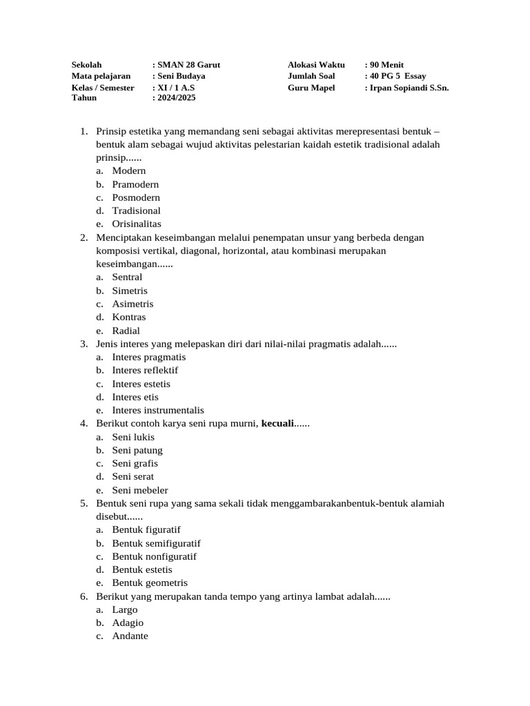 SOAL SENI BUDAYA KELAS XI | PDF