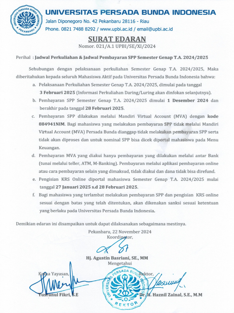 Pengumuman Perkuliahan Dan SPP Semester Genap 2024-2025 | PDF