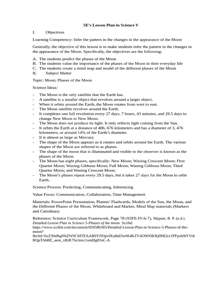 5E'S Lesson Plan in ELE02 | PDF | Moon | Astronomy