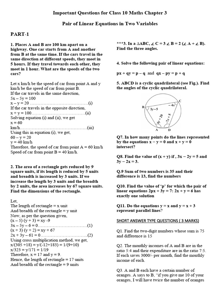 10th Linear Equations in Two Variables Questions PDF | PDF | Equations ...