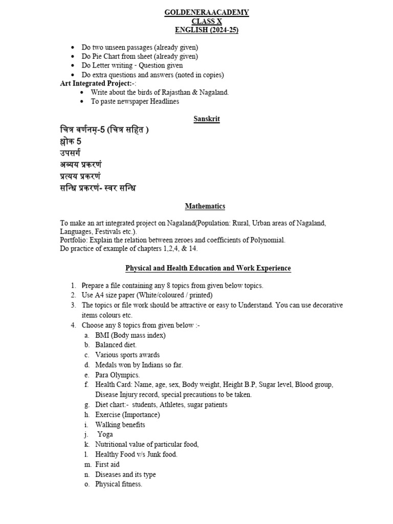 Class 10 Holiday Homework | PDF | Healthy Diet | Body Mass Index