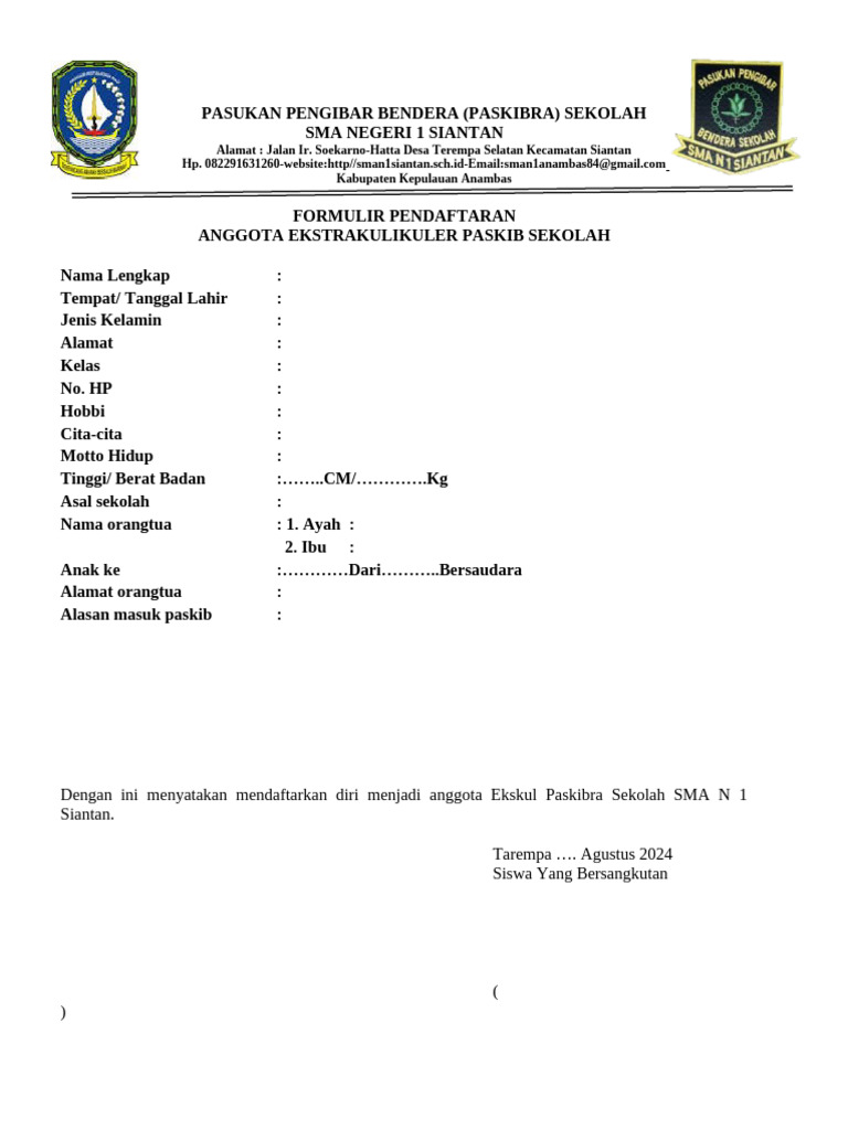 Formulir Pendaftaran Ekskul | PDF
