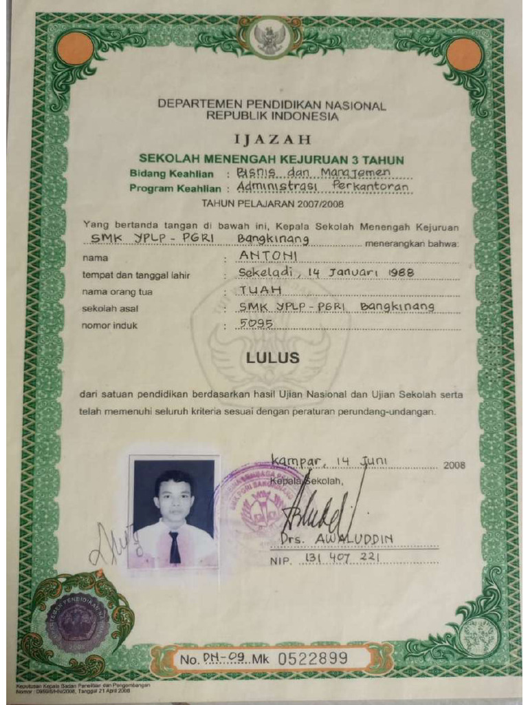 Ijazah Depan anton | PDF