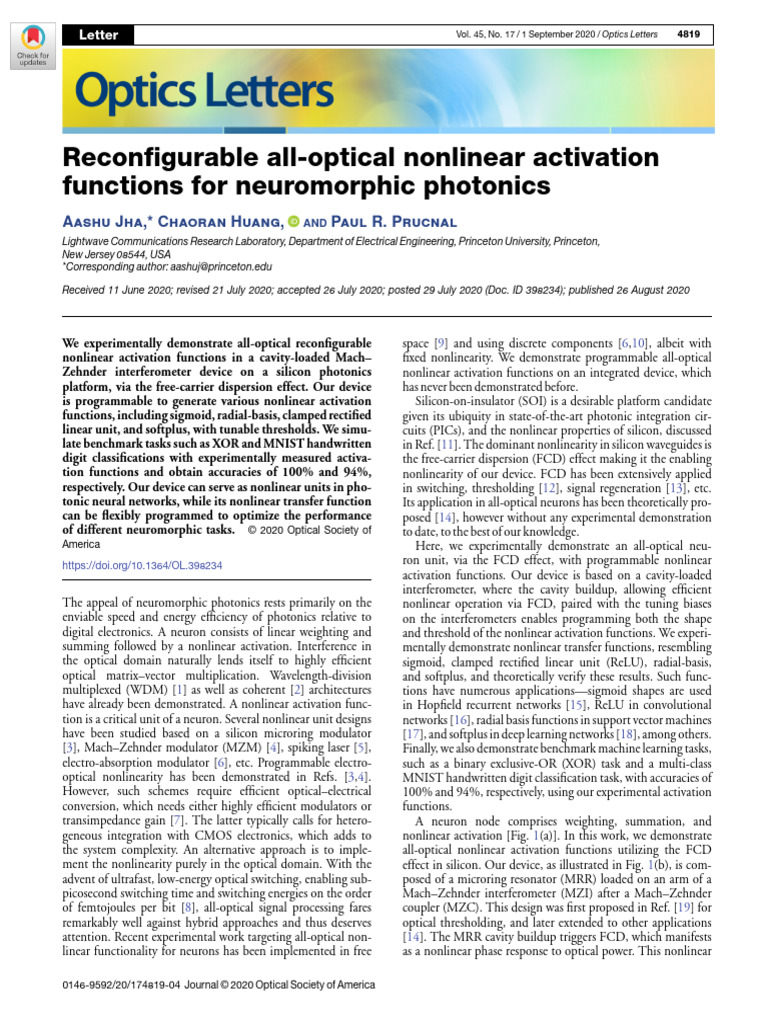 ol-Reconfigurable all-optical nonlinear activation functions for neuromorphic photonics | PDF ...