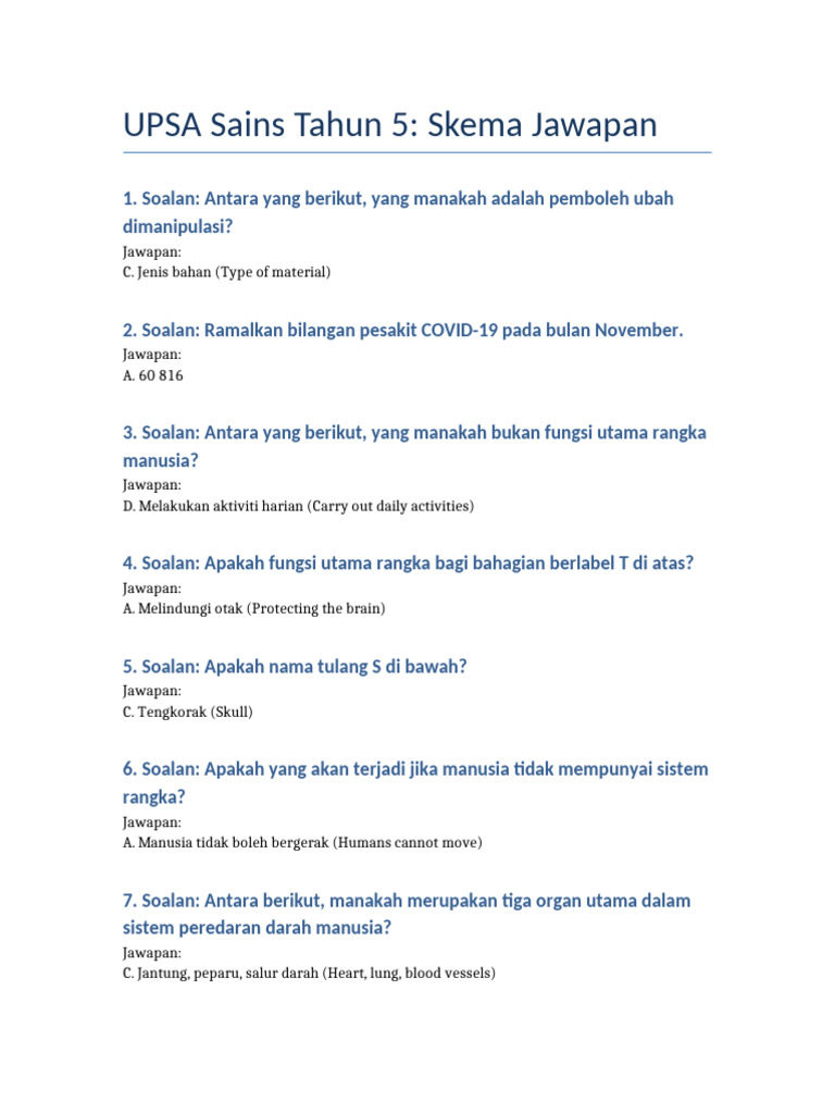 UPSA Sains Tahun 5 Skema Jawapan | PDF