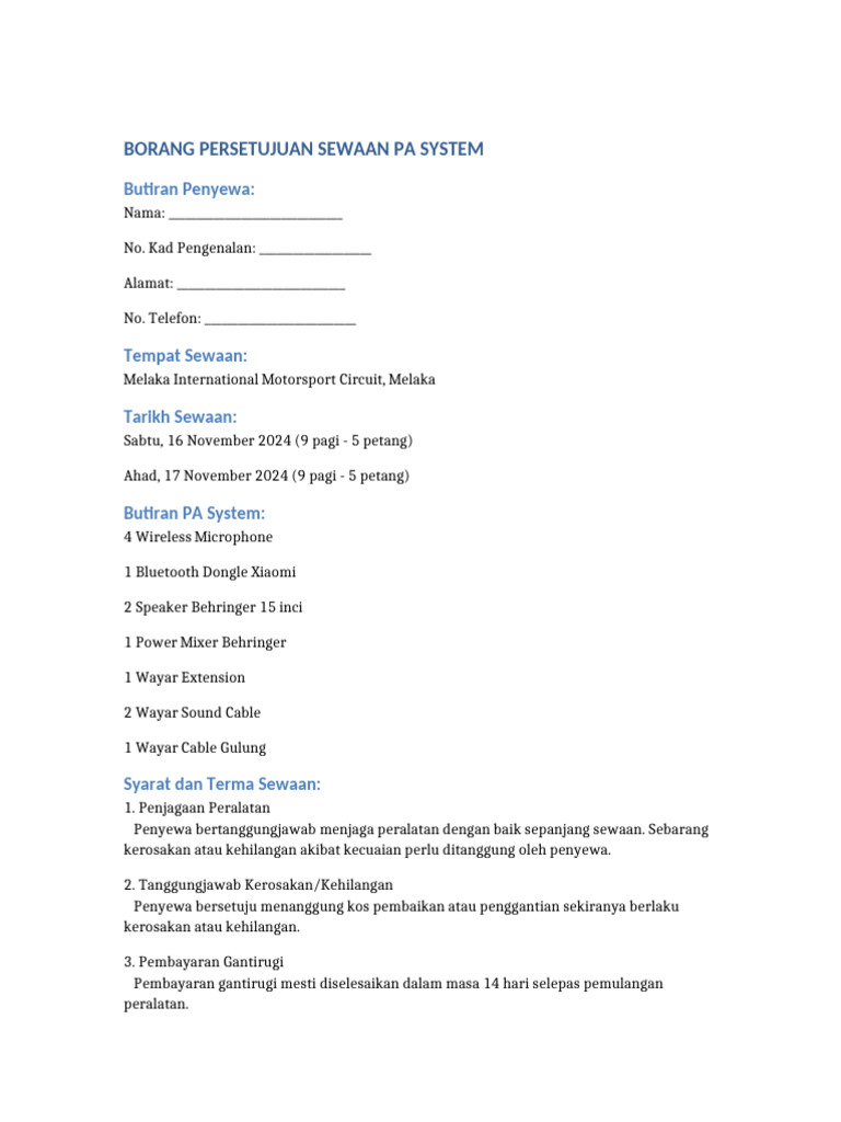 Borang Persetujuaan Sewaan PA System (1) | PDF