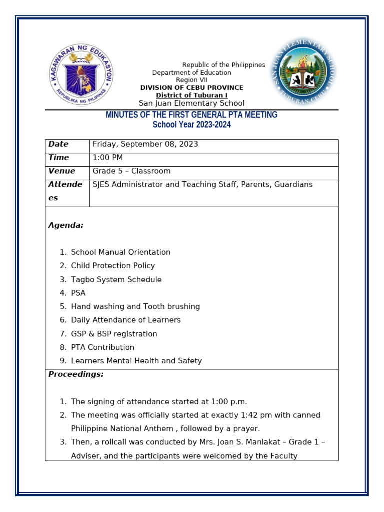 Minutes of The First General Pta Meeting | PDF