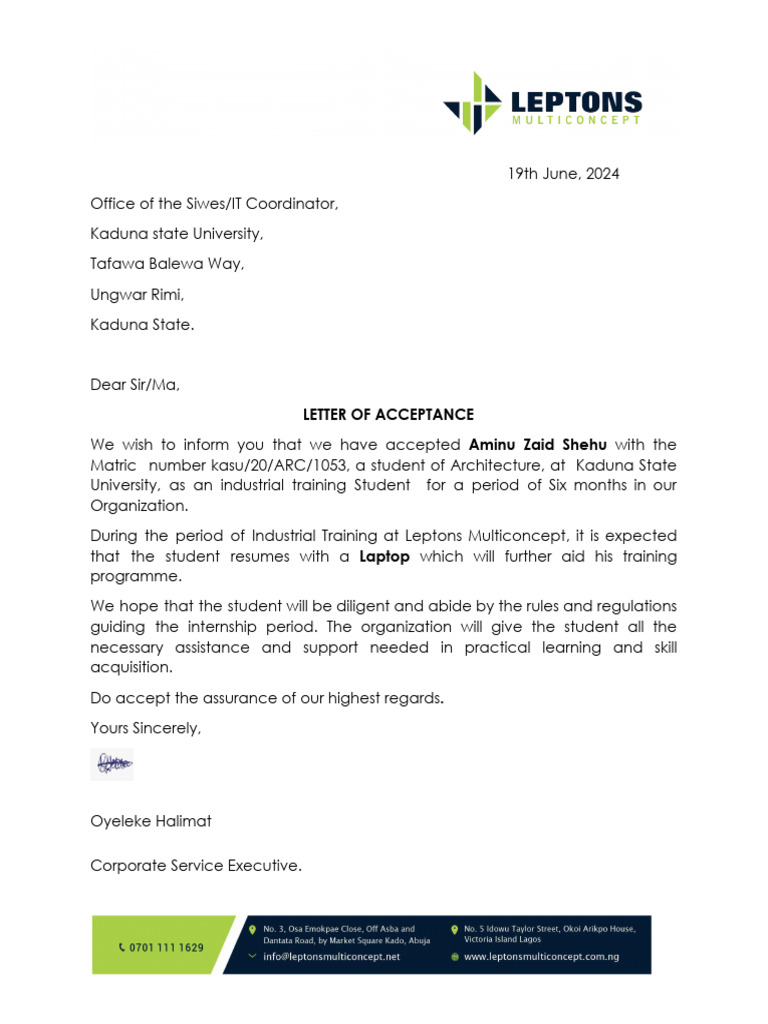 Acceptance Letter for Industrial Training | PDF