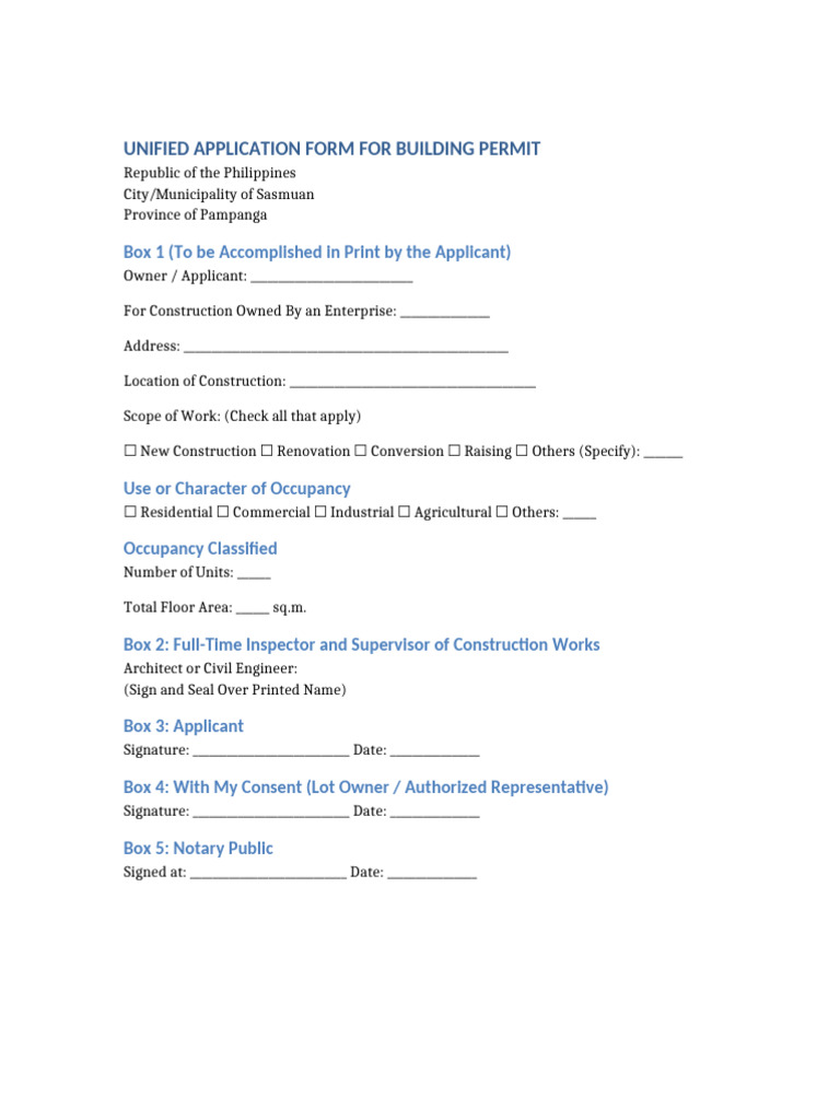 Unified Application Form Building Permit | PDF