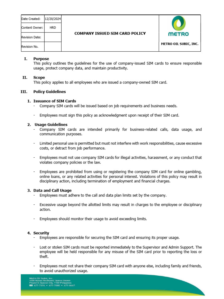Sim Card Policy & Acknowledgement Form | PDF | Employment | Business