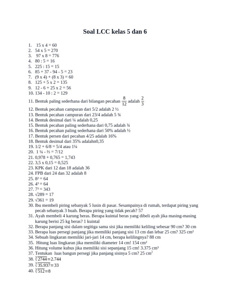 Soal LCC MTK kelas 5 dan 6 | PDF