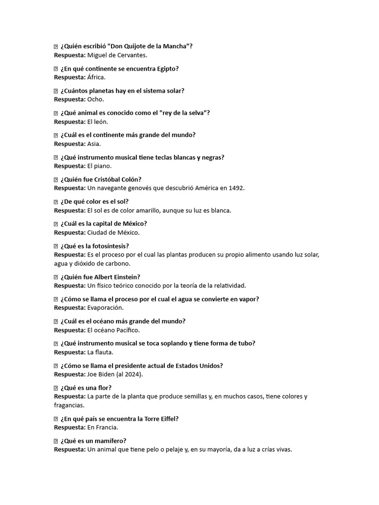 Preguntas y respuestas de cultura general | PDF | Agua | Color