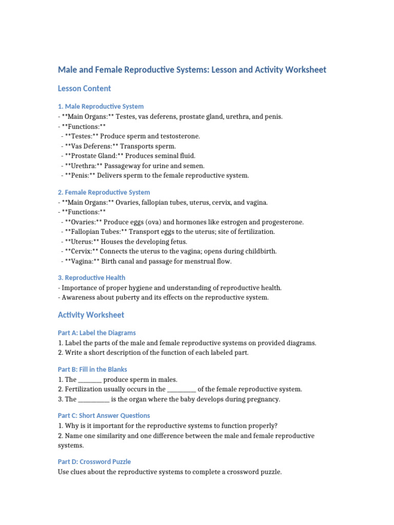 Reproductive Systems Worksheet and Activities | PDF