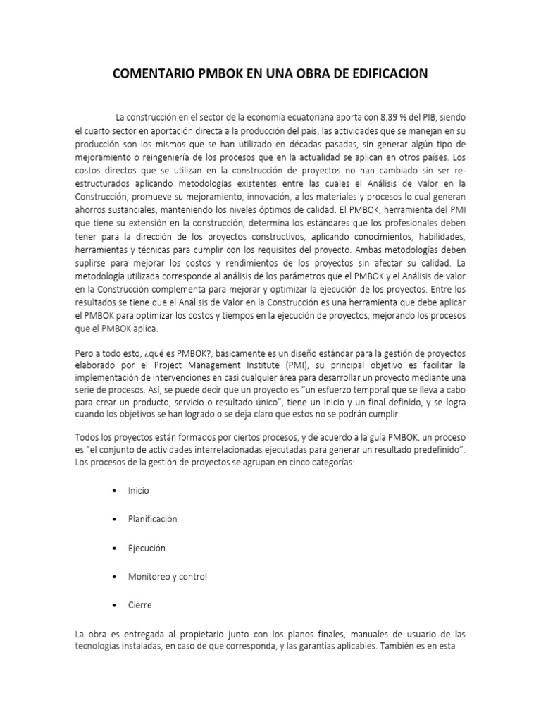 Comentario Pmbok en Una Obra de Edificacion-Alfonso | PDF | Gestión de proyectos | Business