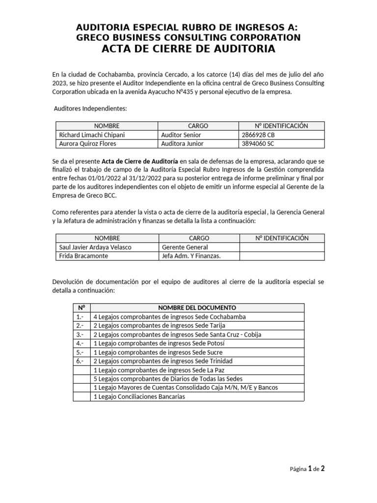 Acta de Cierre de Auditoria Especial | PDF | Auditoría | Business