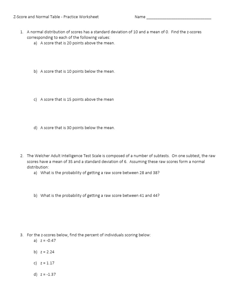 Day 5 - CW - Normal Table Practice Problems | PDF | Standard Score ...