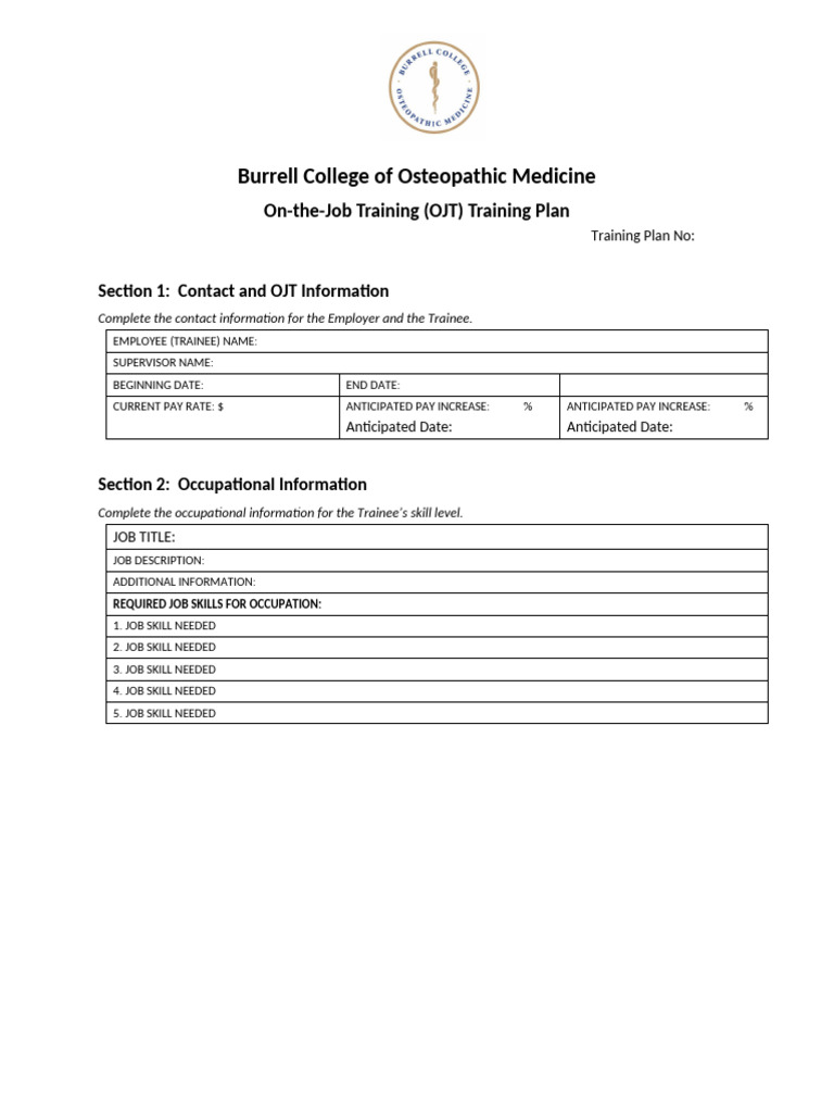 ojt-training-plan_form.docx | PDF | Employment | Behavior Modification