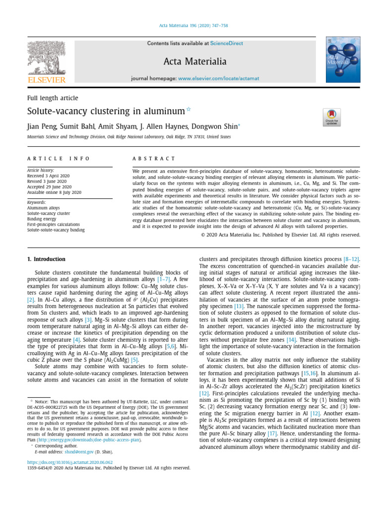 Acta Materialia: Jian Peng, Sumit Bahl, Amit Shyam, J. Allen Haynes ...