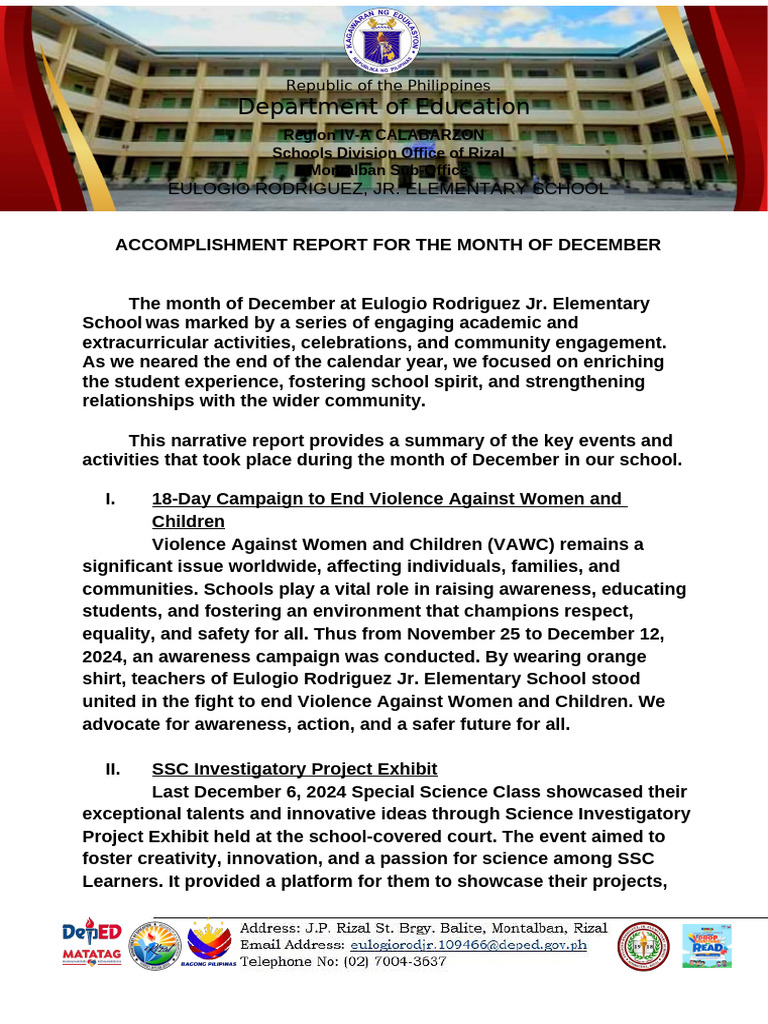 December Accomplishments Report 2024 | PDF | Teachers
