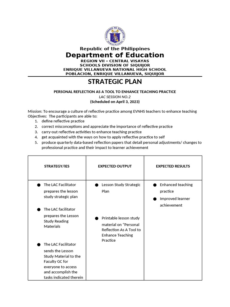 LAC Session Strategic Plan For Lesson Study On Reflective Practice ...