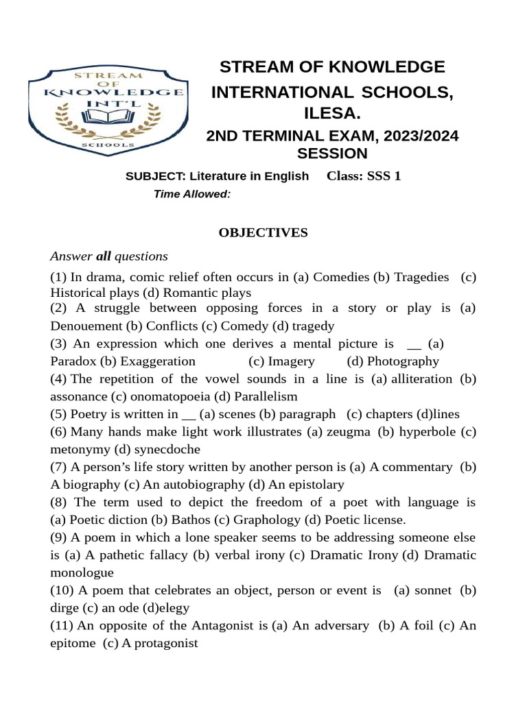 2nd Term Exam Literature in English SS1 | PDF | Poetry