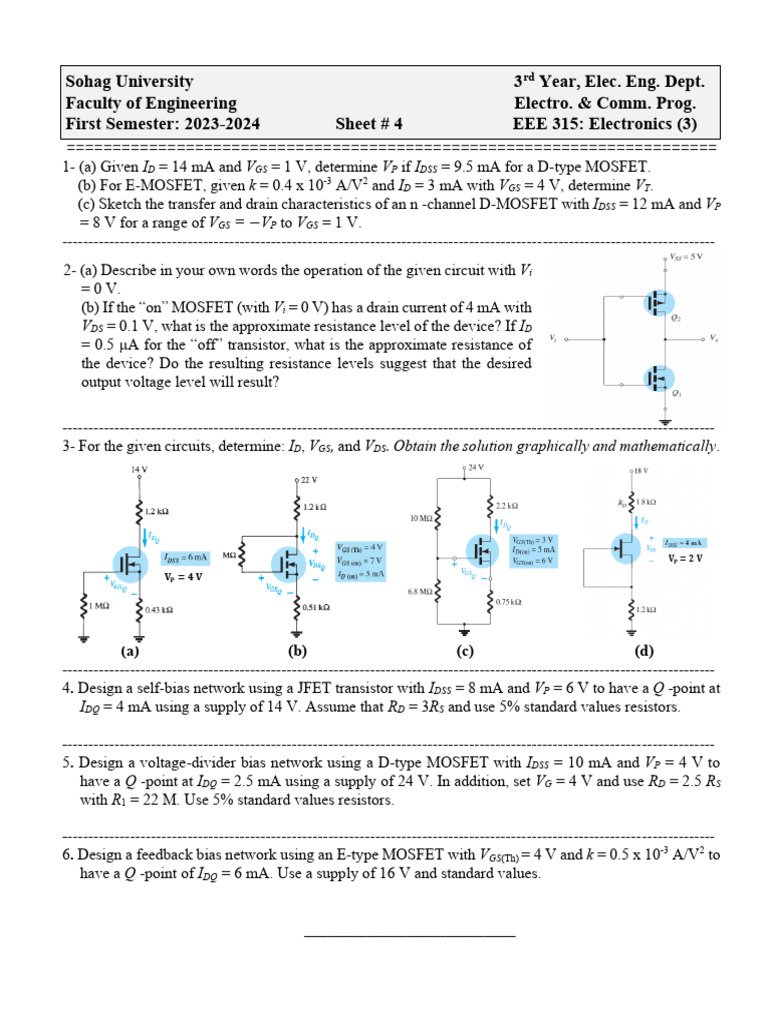 Sheet 4 EEE 315 | PDF | Mosfet | Transistor