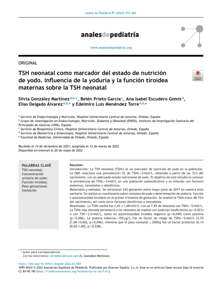 TSH Neonatal y Estado de Yodo | PDF | Parto | Hipotiroidismo