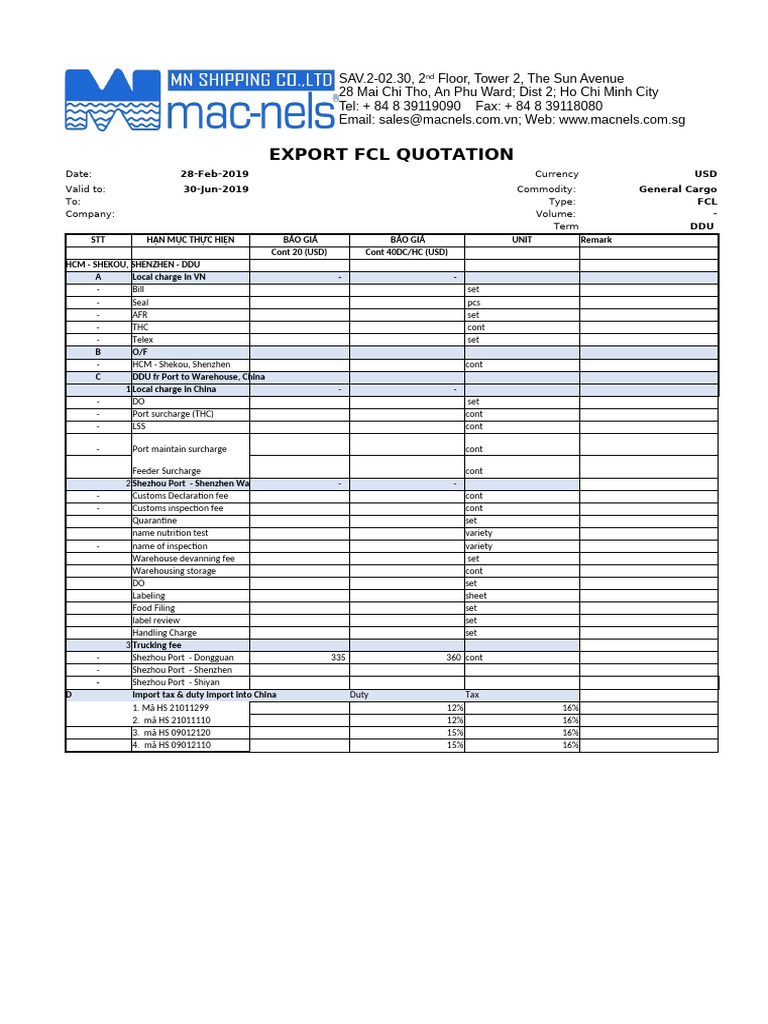 FCL Export Quotation Details | PDF | Warehouse | Fee