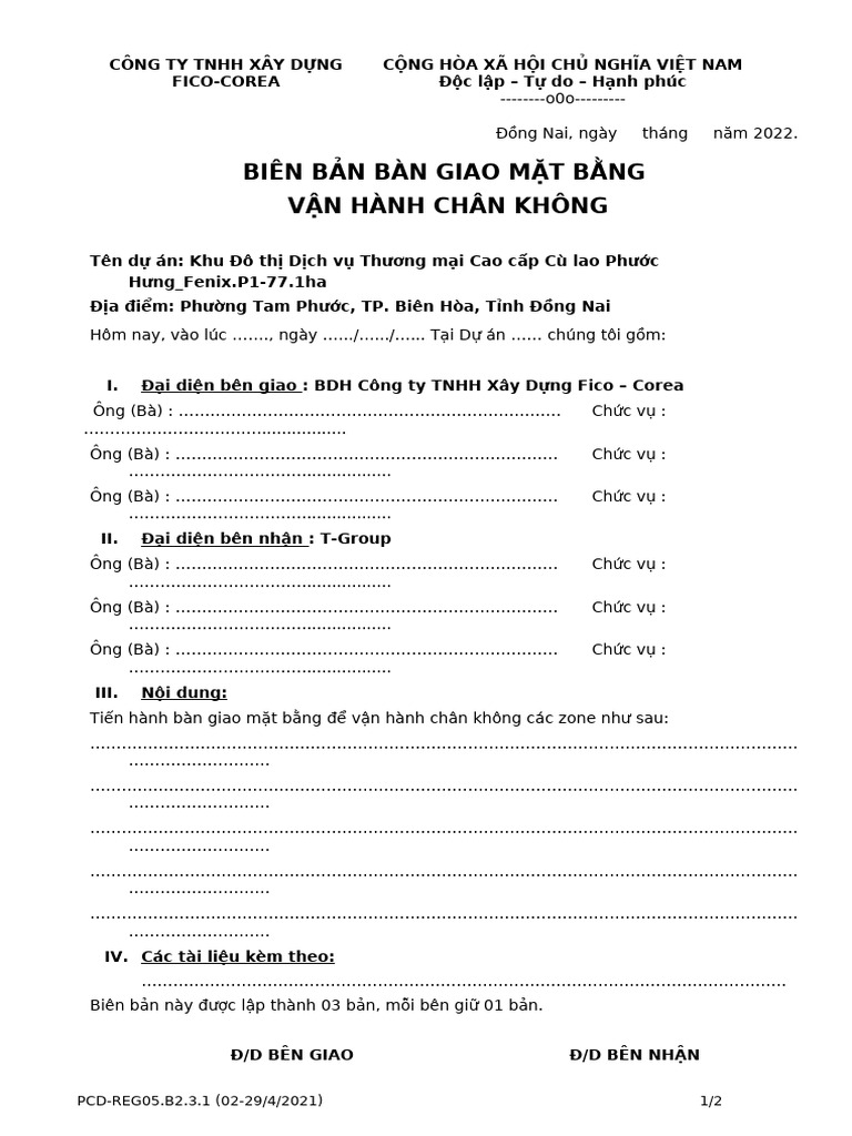 Bien Ban Ban Giao Mat Bang | PDF
