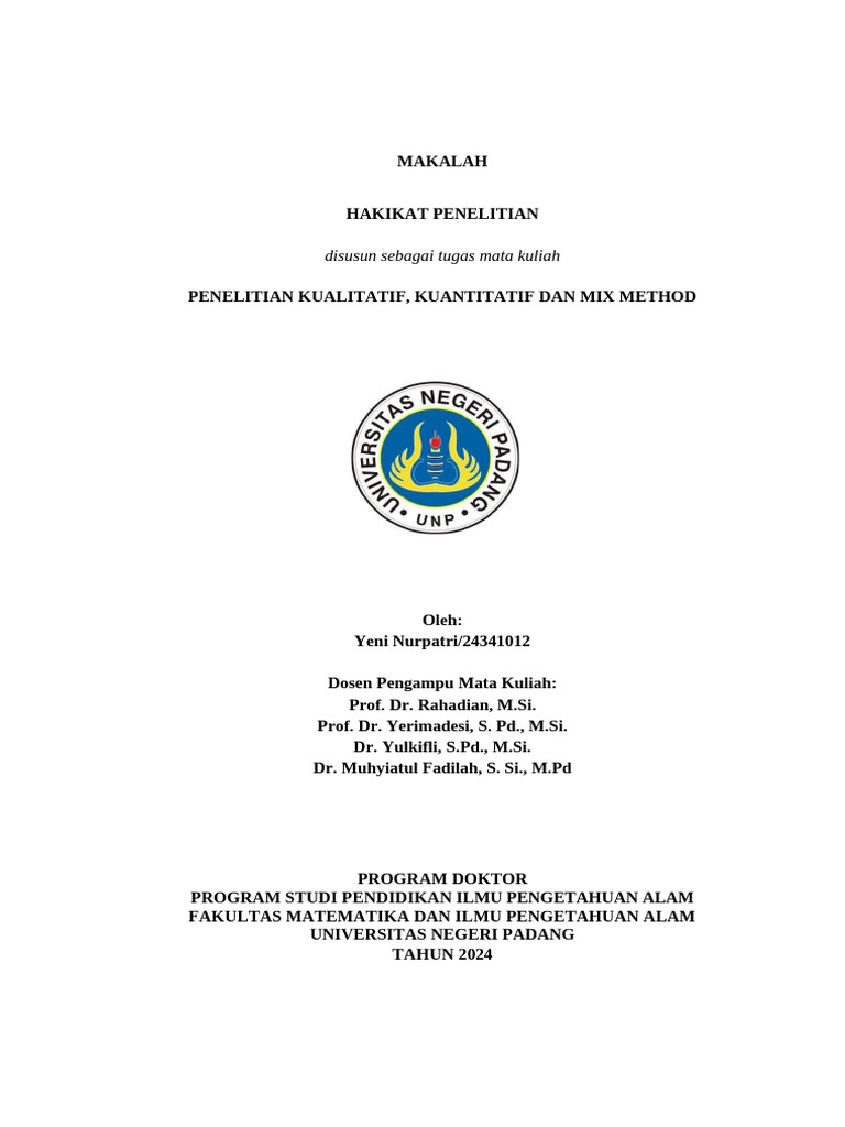 Makalah Bahan Kajian 1 Yeni MK Penelitian Kuantitatif, Kualitatif Dan Mix Method | PDF