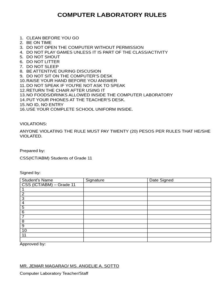Computer Laboratory Rules | PDF