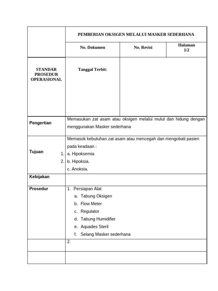 SOP Pemasangan Oksigen Simple Mask | PDF
