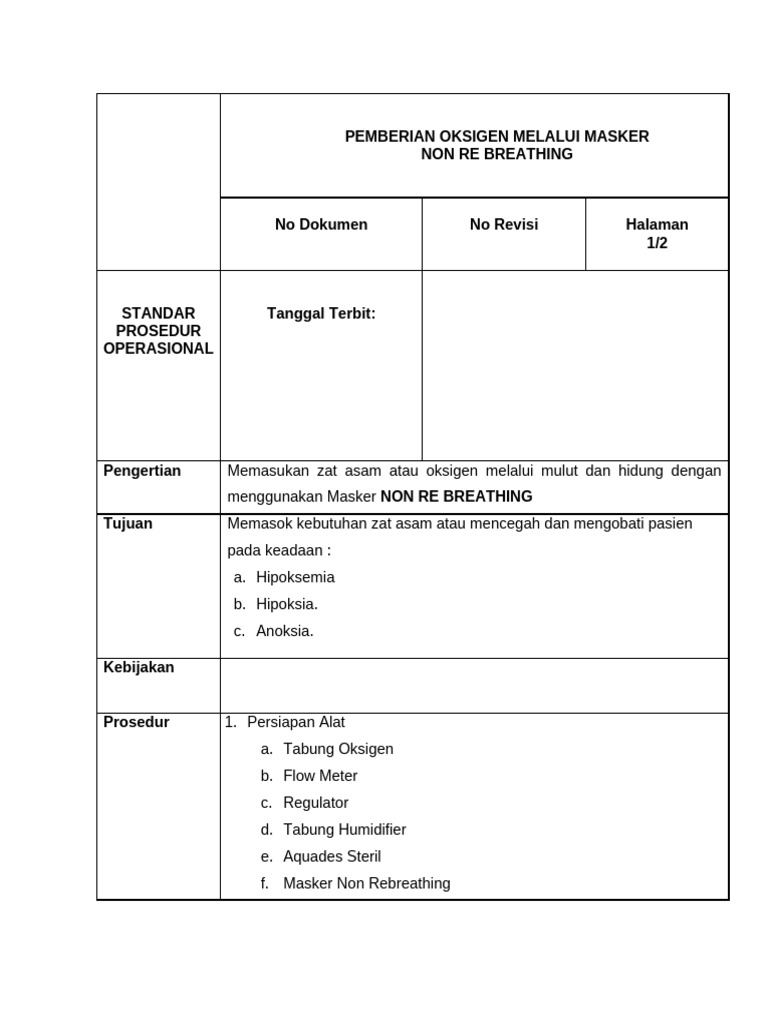 Sop Pemberian Oksigen Melalui Masker Nrm | PDF