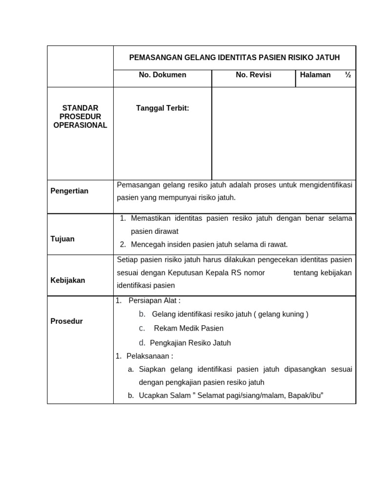 Sop Pemasangan Gelang Identitas Pasien Risiko Jatuh | PDF