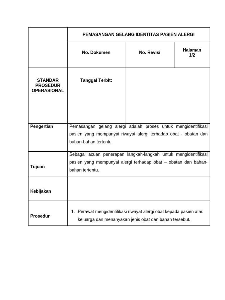 Sop Pemasangan Gelang Identitas Pasien Alergi | PDF