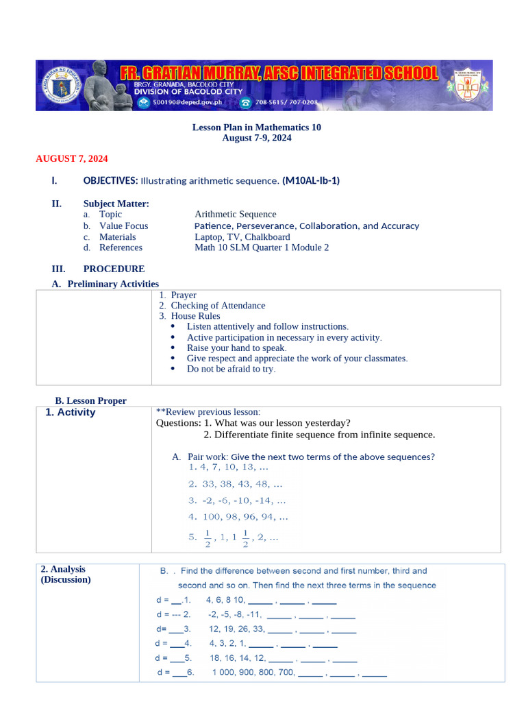LP_ lesson4._arithmeticsequence_August 7,8,9,11,12 | PDF | Mean ...