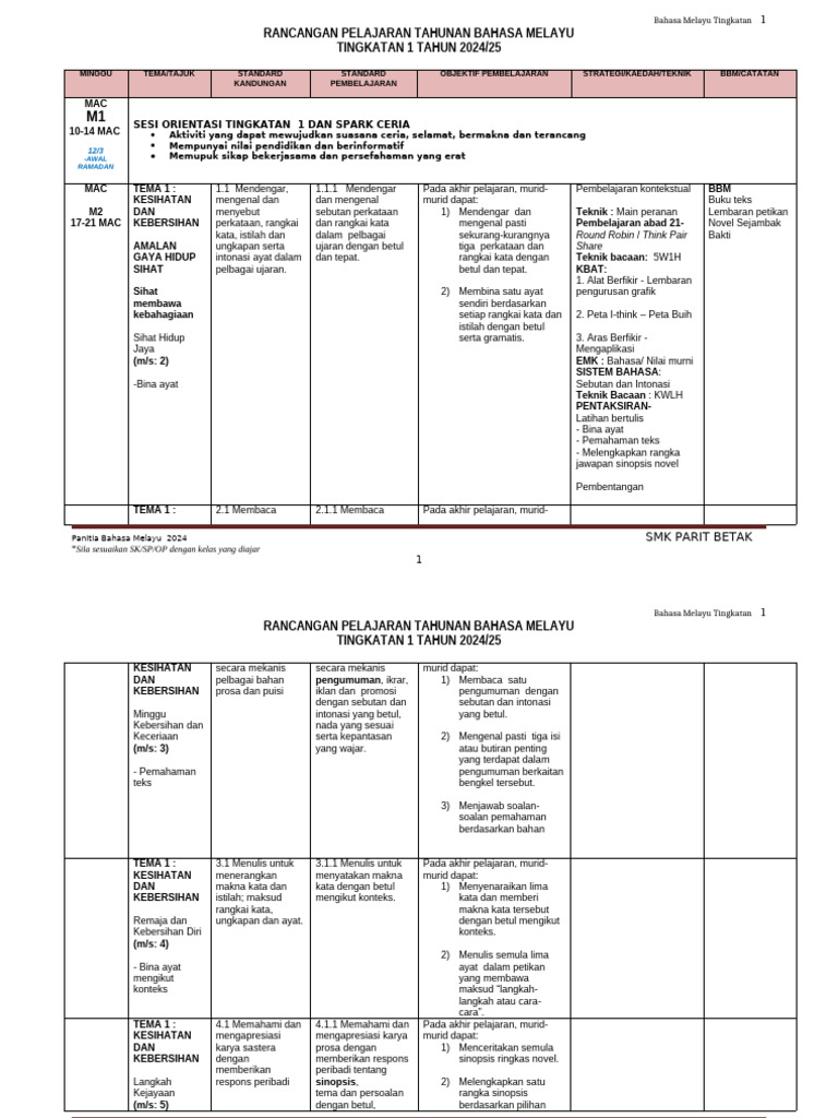 Rpt Bahasa Melayu Tingkatan 1 2024 Pembetulan | PDF