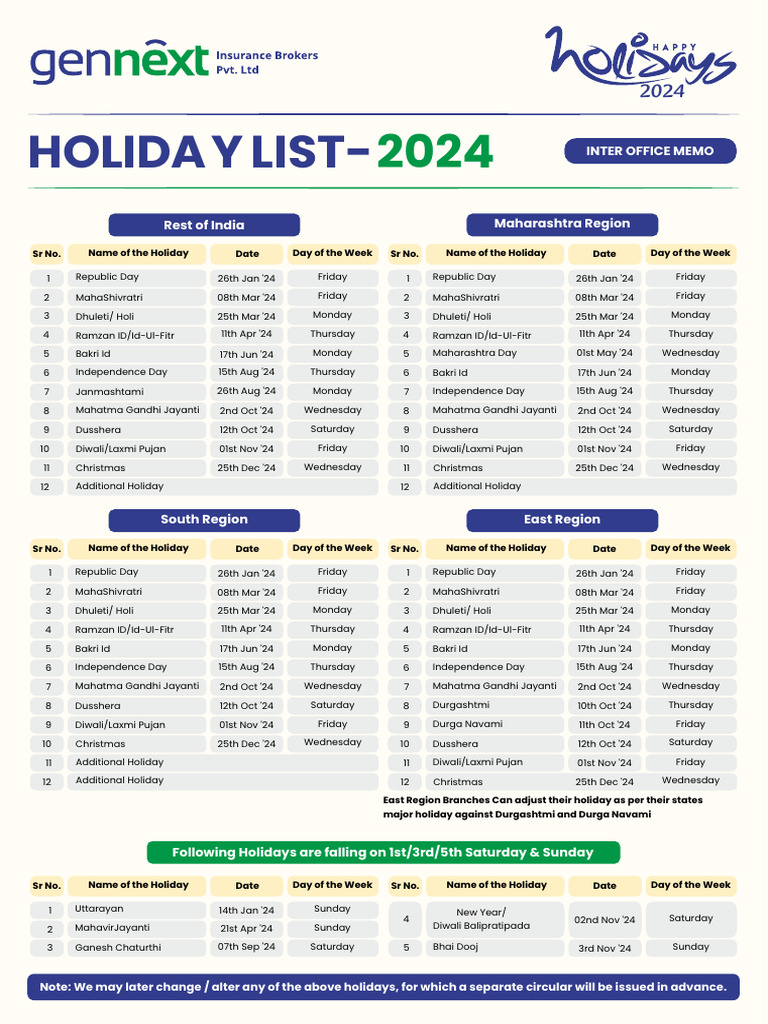 List of Holidays 2024 - Gennext Division | PDF | Traditions | Festival