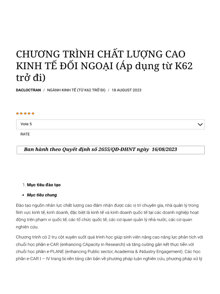 CHƯƠNG TRÌNH CHẤT LƯỢNG CAO KINH TẾ ĐỐI NGOẠI (Áp dụng từ K62 trở đi) | PDF