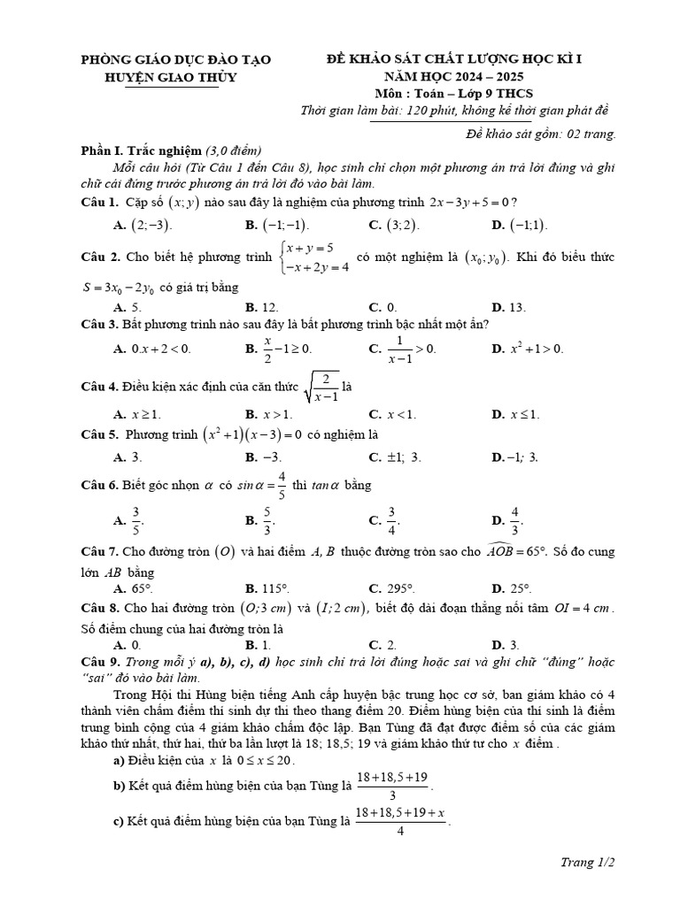 De Hoc Ki 1 Toan 9 Nam 2024 2025 Phong GDDT Giao Thuy Nam Dinh | PDF