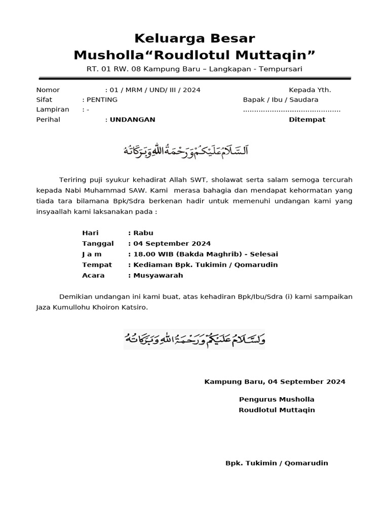 Undangan Rapat Musholla | PDF
